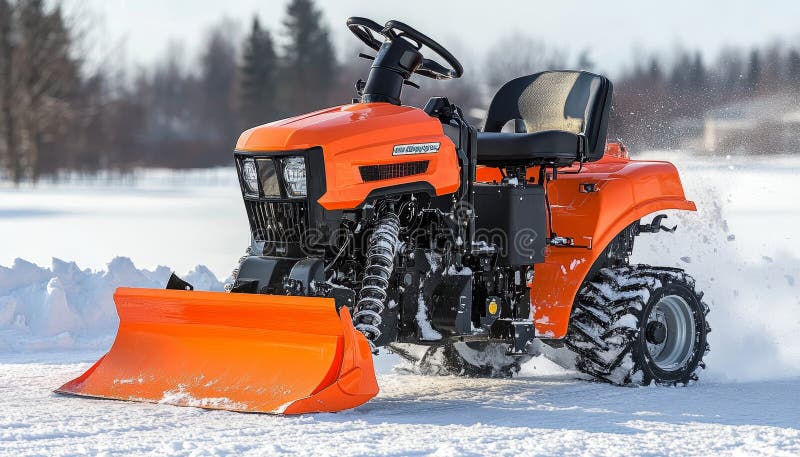 Orange Compact Tractor with Snow Plow Clearing a Path, Winter Road ...