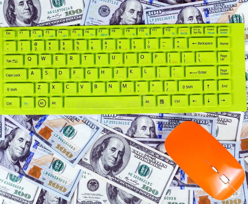 Orange Computer Mouse Green Button Key US Dollar Bills Stock Image ...