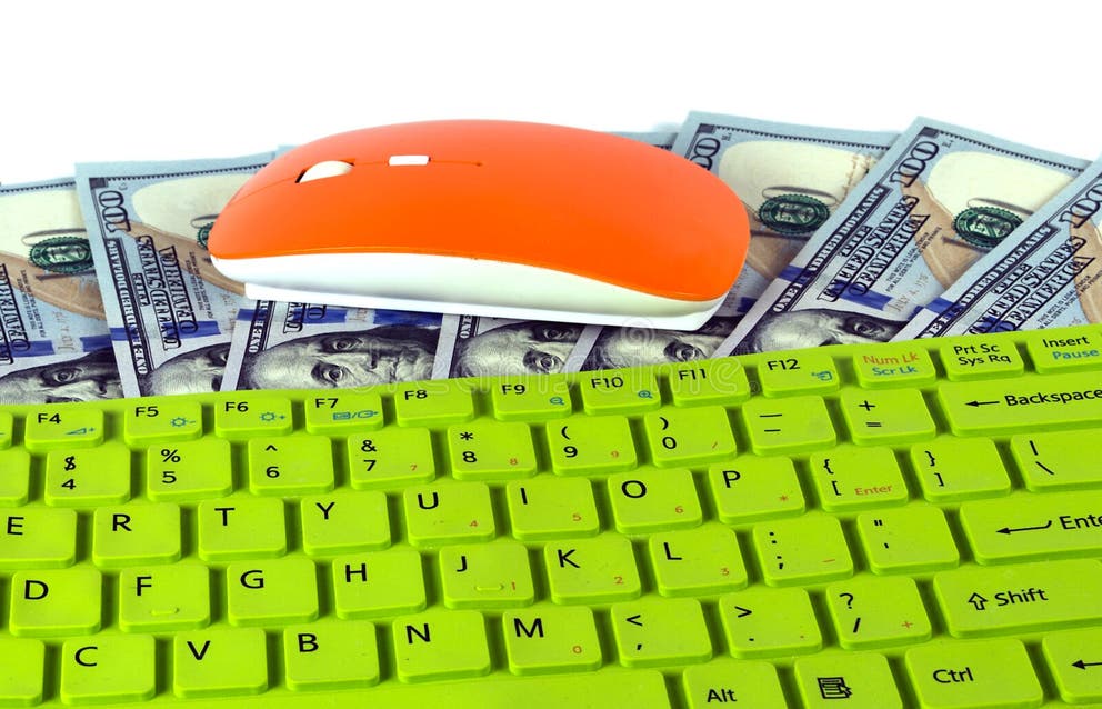 Orange Computer Mouse Green Button Key US Dollar Bills Stock Photo ...