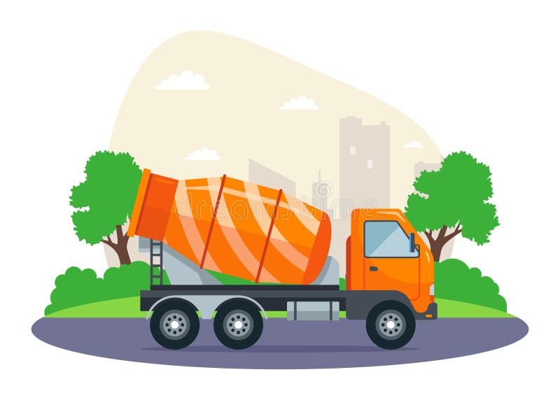 Orange Concrete Mixer Rides on the Road To the Construction Site. Stock ...