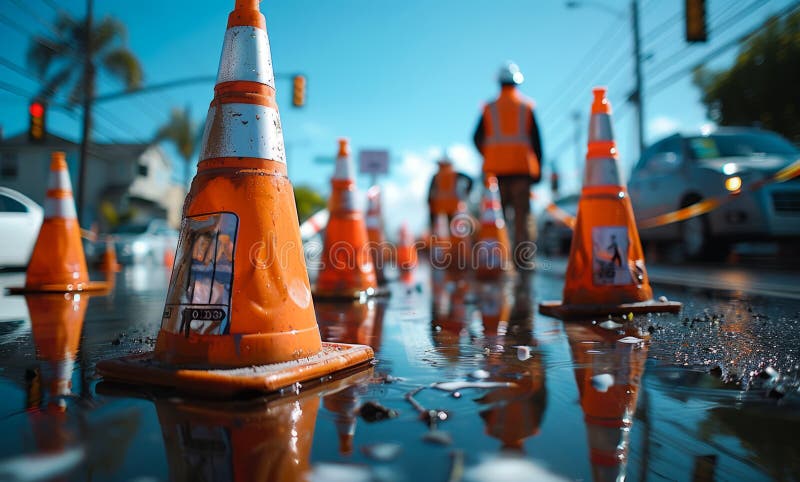 Orange Cones and Workers on Road. Featuring Construction Workers ...