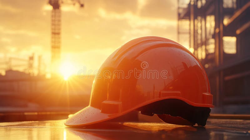 Orange Construction Helmet at Sunset on Building Site with Crane and ...