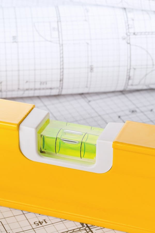 Orange Construction Level on Architectural Blueprint Building Plan ...