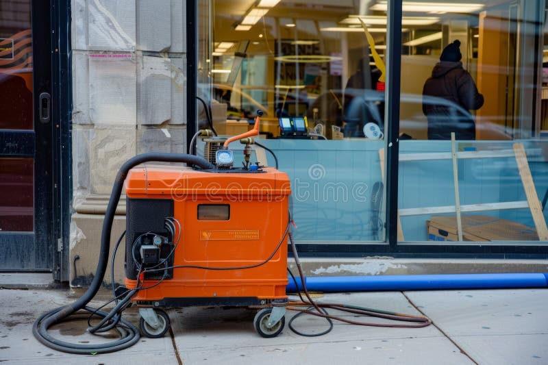 An Orange Construction Vacuum Sits Outside a Modern Building. it is ...