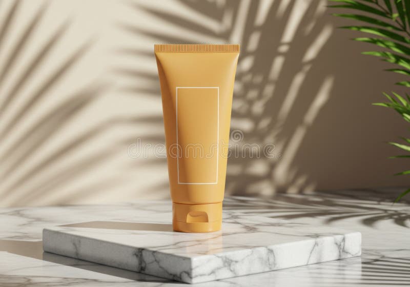 Orange Cosmetic Tube on Marble Display with Palm Shadow Stock ...
