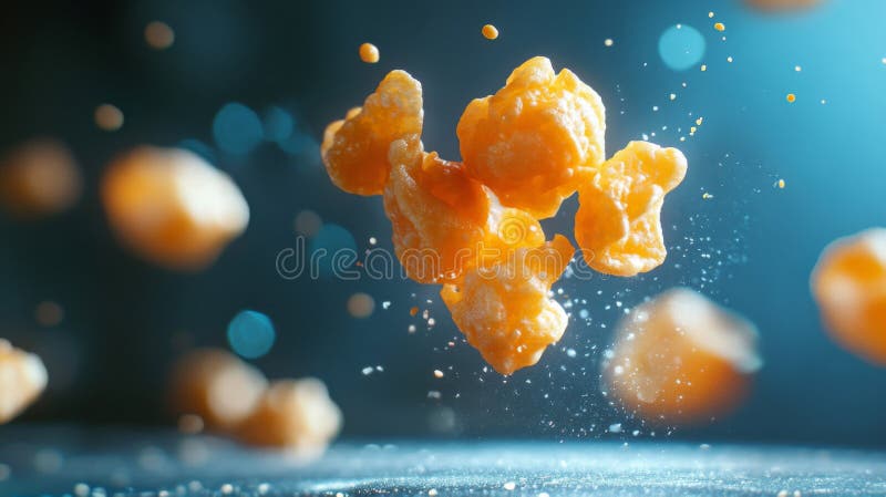 Orange Crispy Corn Puffs Flying Against Dark Blue Background Stock ...