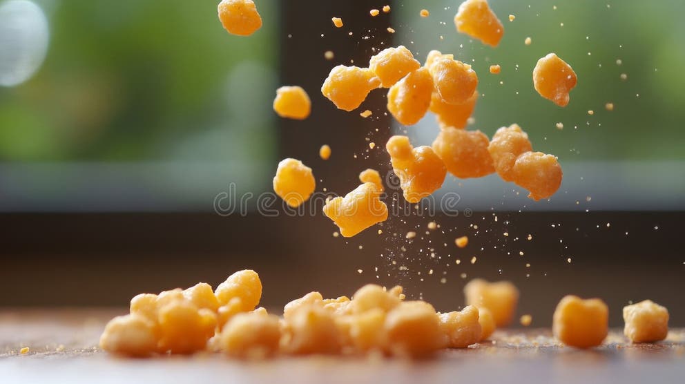 Orange Crispy Snacks Falling on Wooden Surface Stock Illustration ...