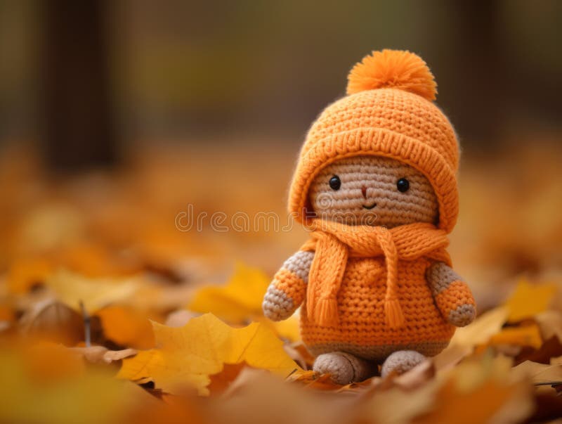 An Orange Crocheted Bunny is Sitting on the Ground Surrounded by Autumn ...
