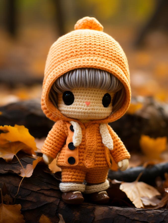 An Orange Crocheted Doll Sitting on a Log in the Fall Stock ...