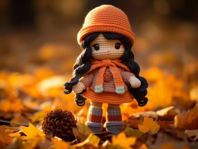 An Orange Crocheted Doll Stands in a Pile of Fallen Leaves Stock ...
