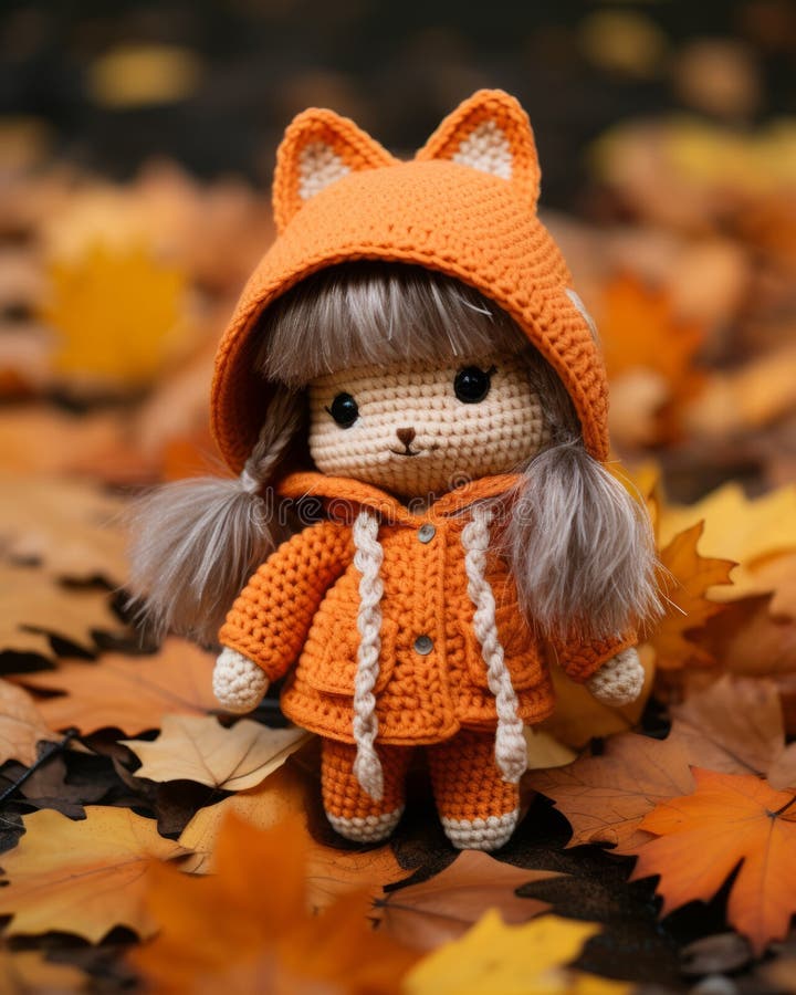 An Orange Crocheted Doll Wearing a Fox Costume Stock Illustration ...