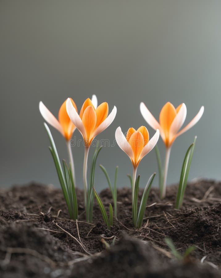 Orange Crocus Flowers Growing in Dark Soil in Spring Stock Image ...