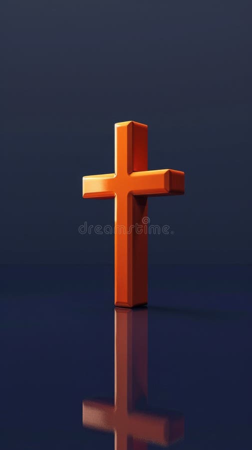 Orange Cross on Reflective Surface with Dark Blue Gradient Background ...