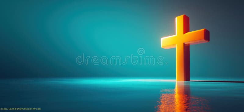 Orange Cross Symbol Reflecting in Calm Water with Blue Background Stock ...