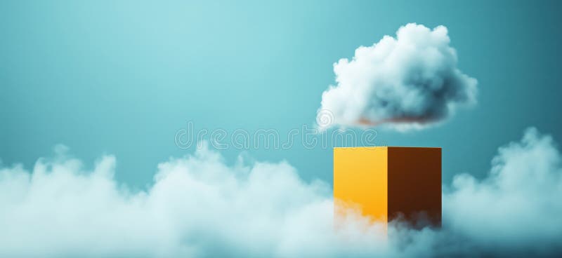 Orange Cube Surrounded by Clouds with a Single Cloud Floating Above ...