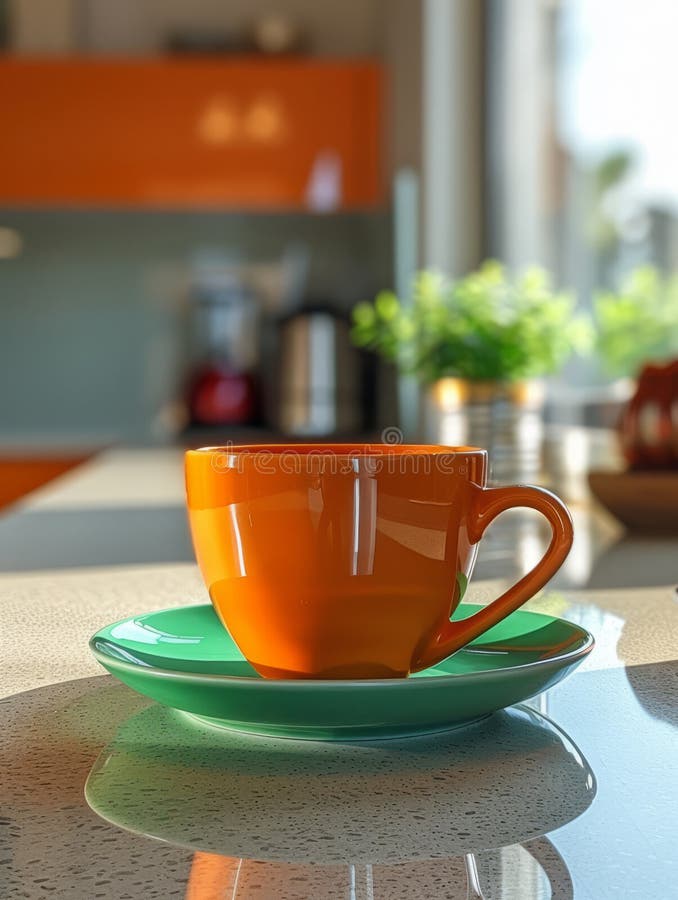 Orange Cup Green Saucer Countertop Bright Kitchen Stock Photos - Free ...