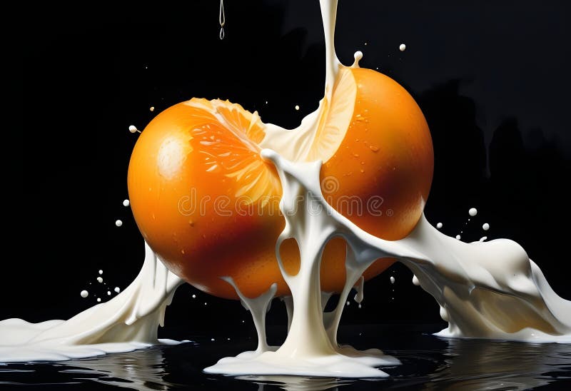 An Orange Cut in Half with a Creamy Liquid Pouring Over it, Creating a ...