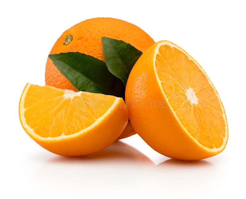 Orange with Cut in Half and Green Leaves Isolated on White Background ...