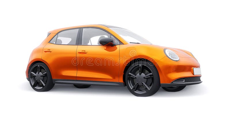 Orange Cute Little Electric Hatchback Car. 3D Illustration. Stock ...
