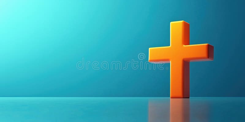 Orange 3D Cross on Reflective Surface with Blue Background Stock Photo ...