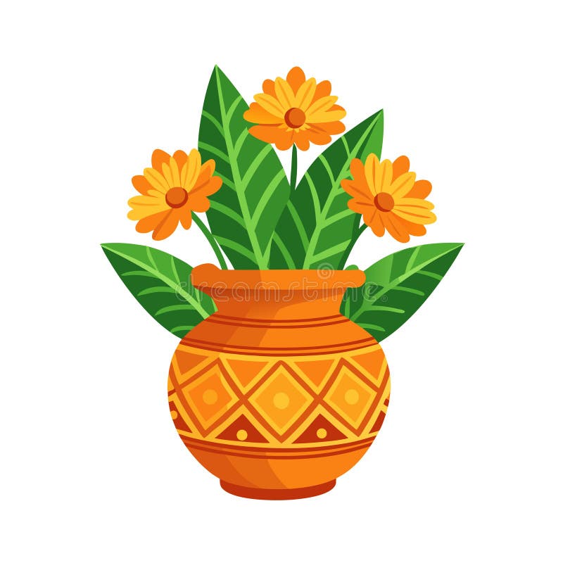 Orange Daisies in Decorated Pot, Flat Vector Illustration on White ...