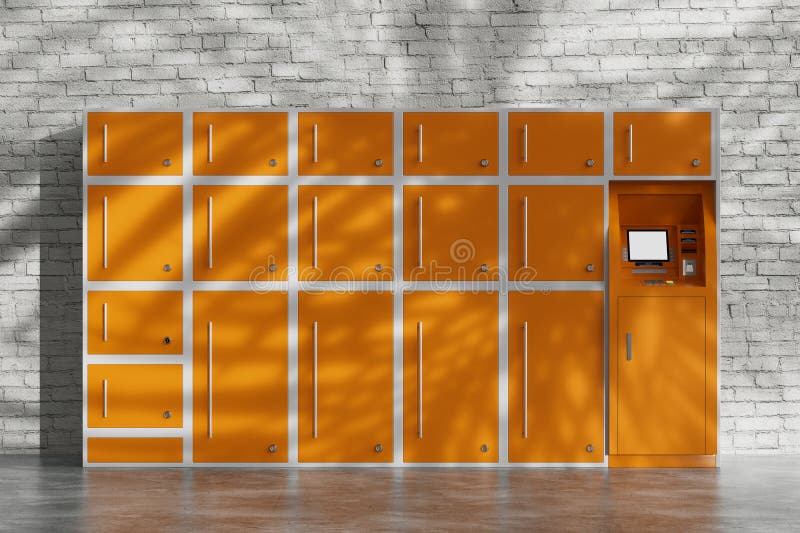 Orange Delivery Automat Terminal Post Lockers. 3d Rendering Stock Image ...