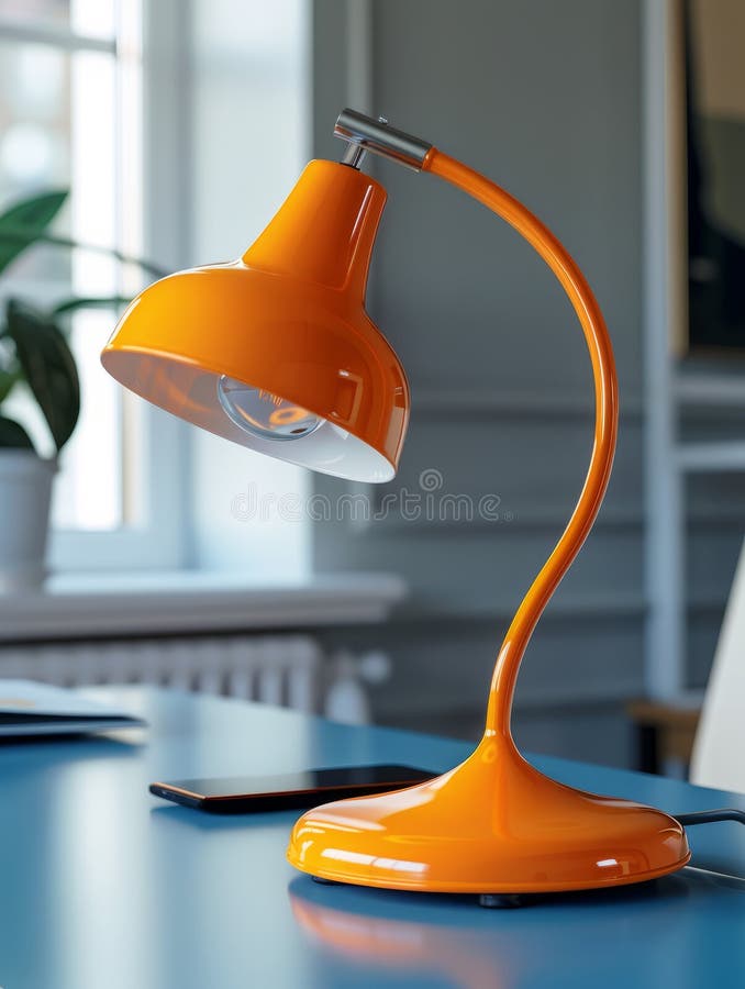 Orange Desk Lamp on Blue Surface in a Modern Home Office. Stock Image ...