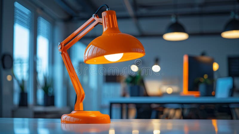 Orange Desk Lamp Illuminated in a Modern Office Workspace. Stock Image ...