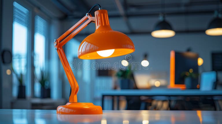 Orange Desk Lamp Illuminated in a Modern Office Workspace. Stock Image ...
