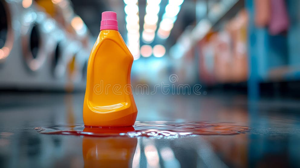 Orange Detergent Bottle on a Reflective Floor in a Laundry Room. Stock ...