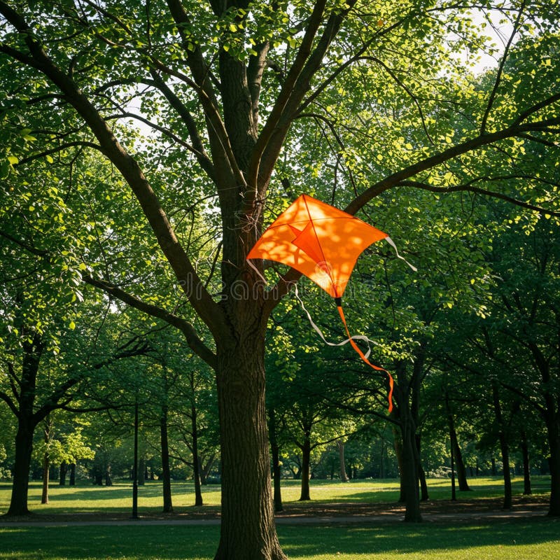 An Orange Diamond-shaped Kite is Caught in the Branches of a Tree in a ...