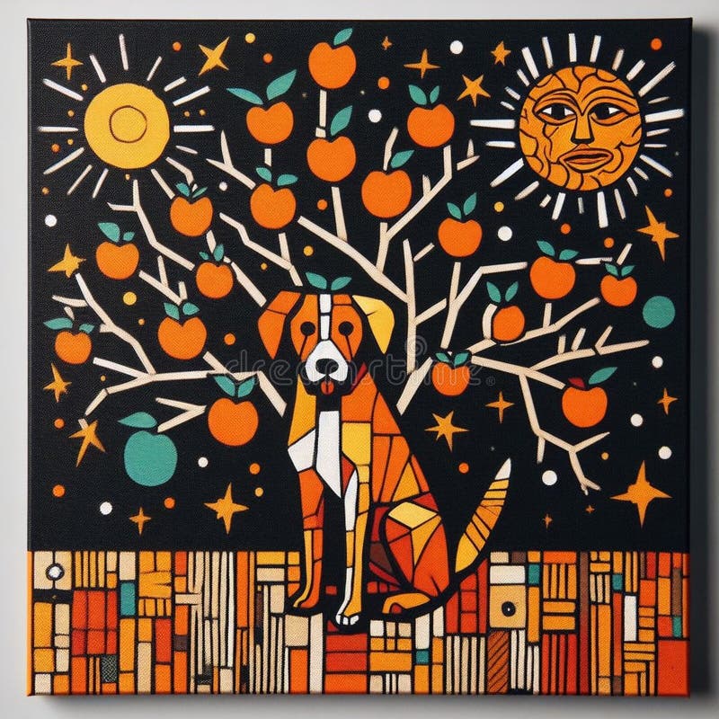 Orange dog and apples tree stock illustration. Illustration of style ...