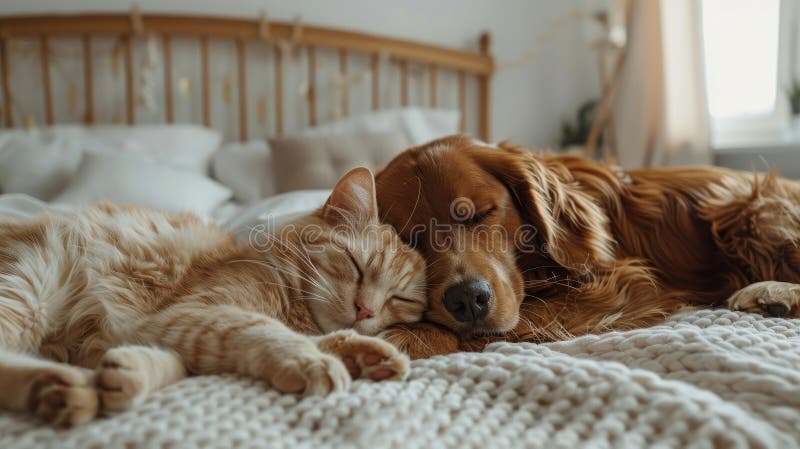 Orange Dog and Ginger Cat Lying Together on the Bed, Sleeping Stock ...