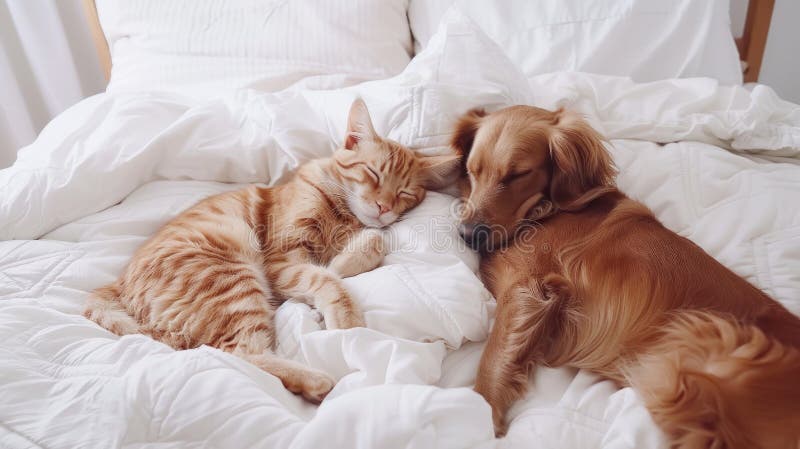 Orange Dog and Ginger Cat Lying Together on the White Bed, Sleeping ...