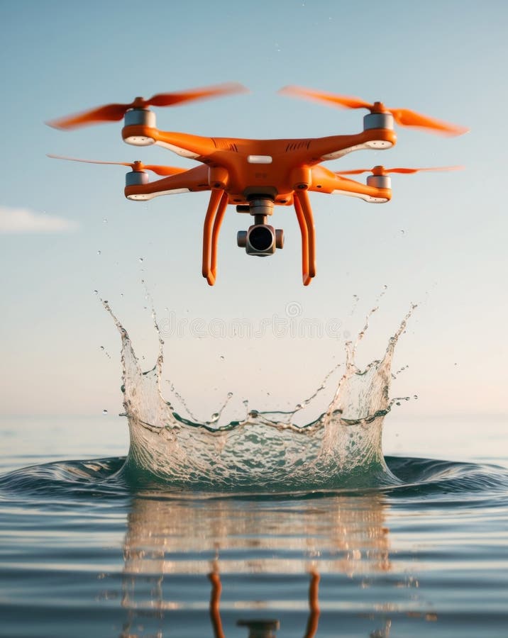 Orange Drone Flying Low Over Water with Splash. Stock Photo - Image of ...