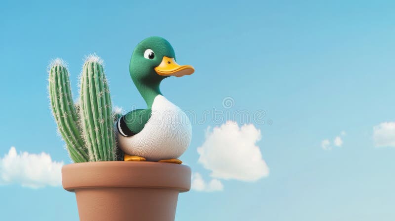 An Orange Duck Sitting on a Desert Podium Next To a Tall Cactus. Stock ...