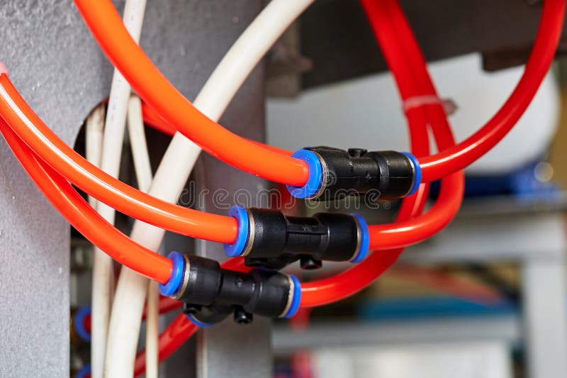 Orange Duct Tubes of Pneumatic System Connected by the Fittings Stock ...