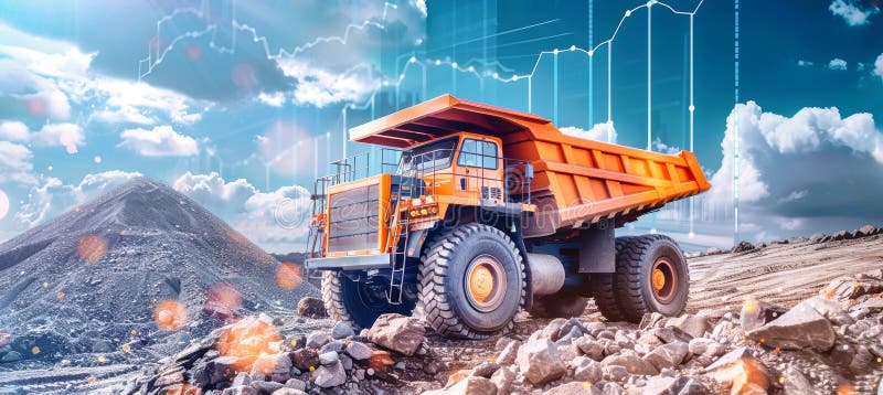 An Orange Dump Truck Hauls a Load of Rock Against a Backdrop of a Data ...