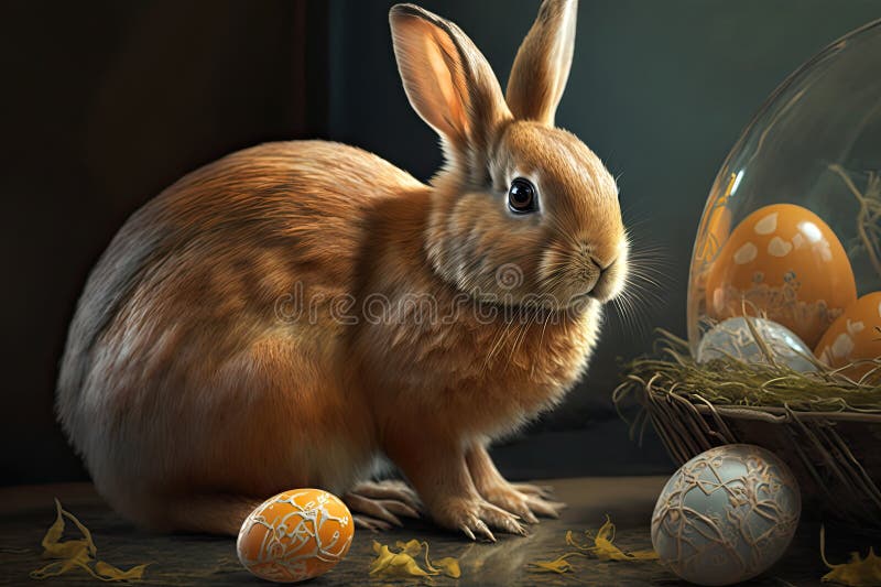 Orange Easter Bunny Sitting Next To Orange Easter Eggs Stock ...