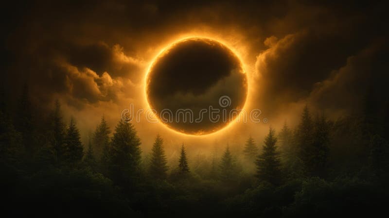 Eerie Forest Landscape with an Orange Eclipse in the Background Stock ...