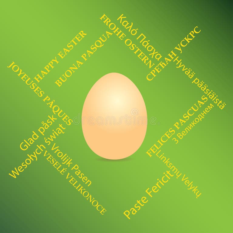 Orange Egg on Green Background and Happy Easter on Different Languages ...