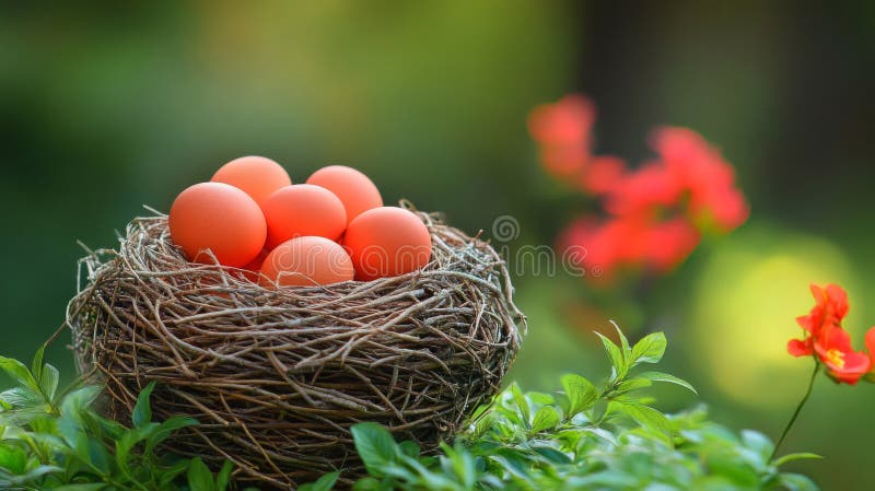 Orange Eggs in a Bird Nest with Red Flowers Stock Illustration ...