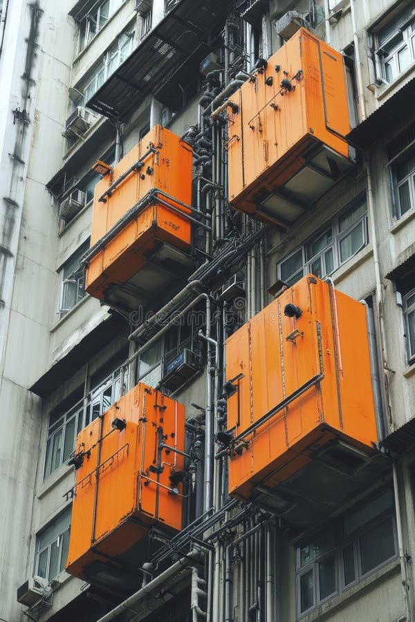 Orange Elevator Shafts on Grey Building Exterior Stock Illustration - Illustration of metal ...