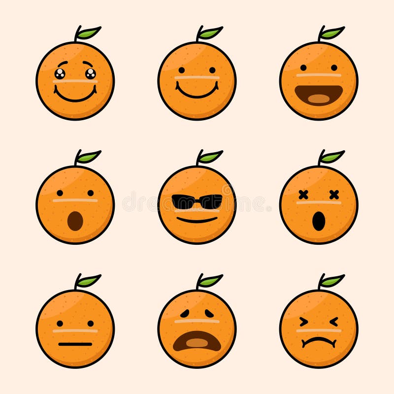 Set of 9 Modern Flat Emoticons: Cute Cartoon Orange with Different ...