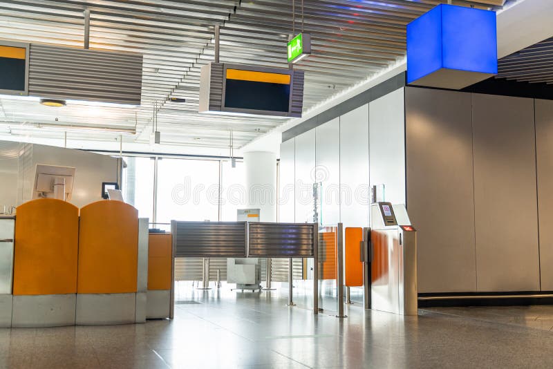 Orange Empty Airport Check-in Counter with Scoreboard and Light from ...