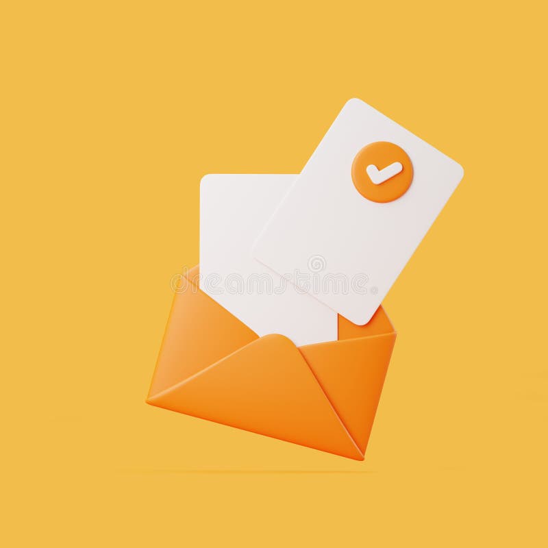 Orange Envelope with Checkmarked Card on Yellow Background Stock ...