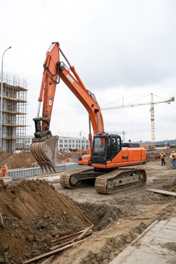 Orange Excavator at Construction Site Stock Illustration - Illustration ...