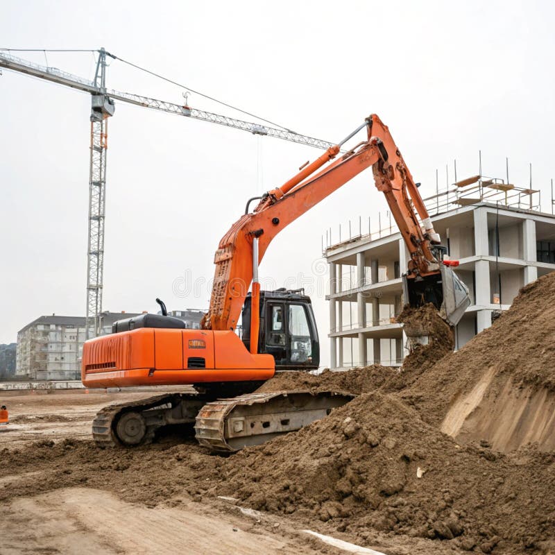 Orange Excavator at Construction Site Stock Illustration - Illustration ...