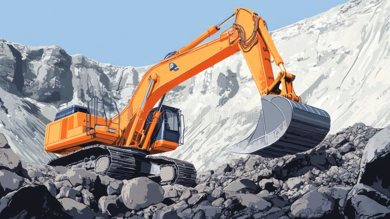 Orange Excavator Digging Rocks in Mountain Quarry Stock Photo - Image ...