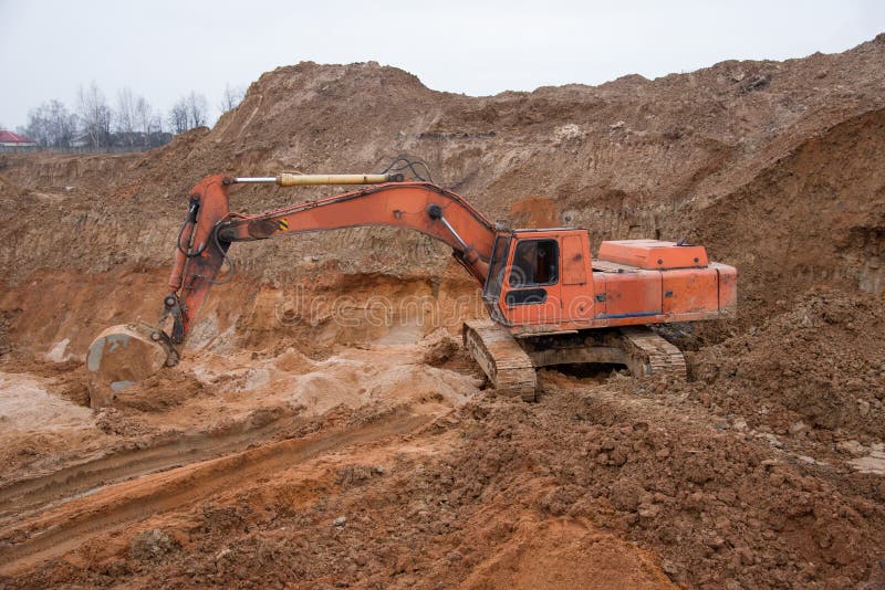 Orange Excavator Machine, Backhoe Digging Soil. Stock Image - Image of ...